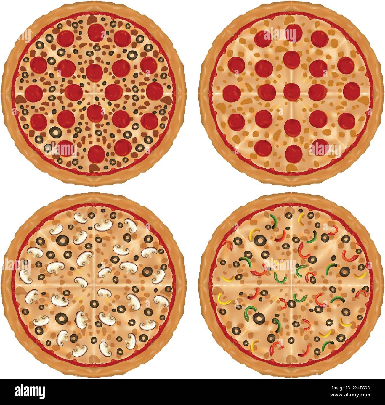 Four different pizzas with various toppings displayed Stock Vector ...