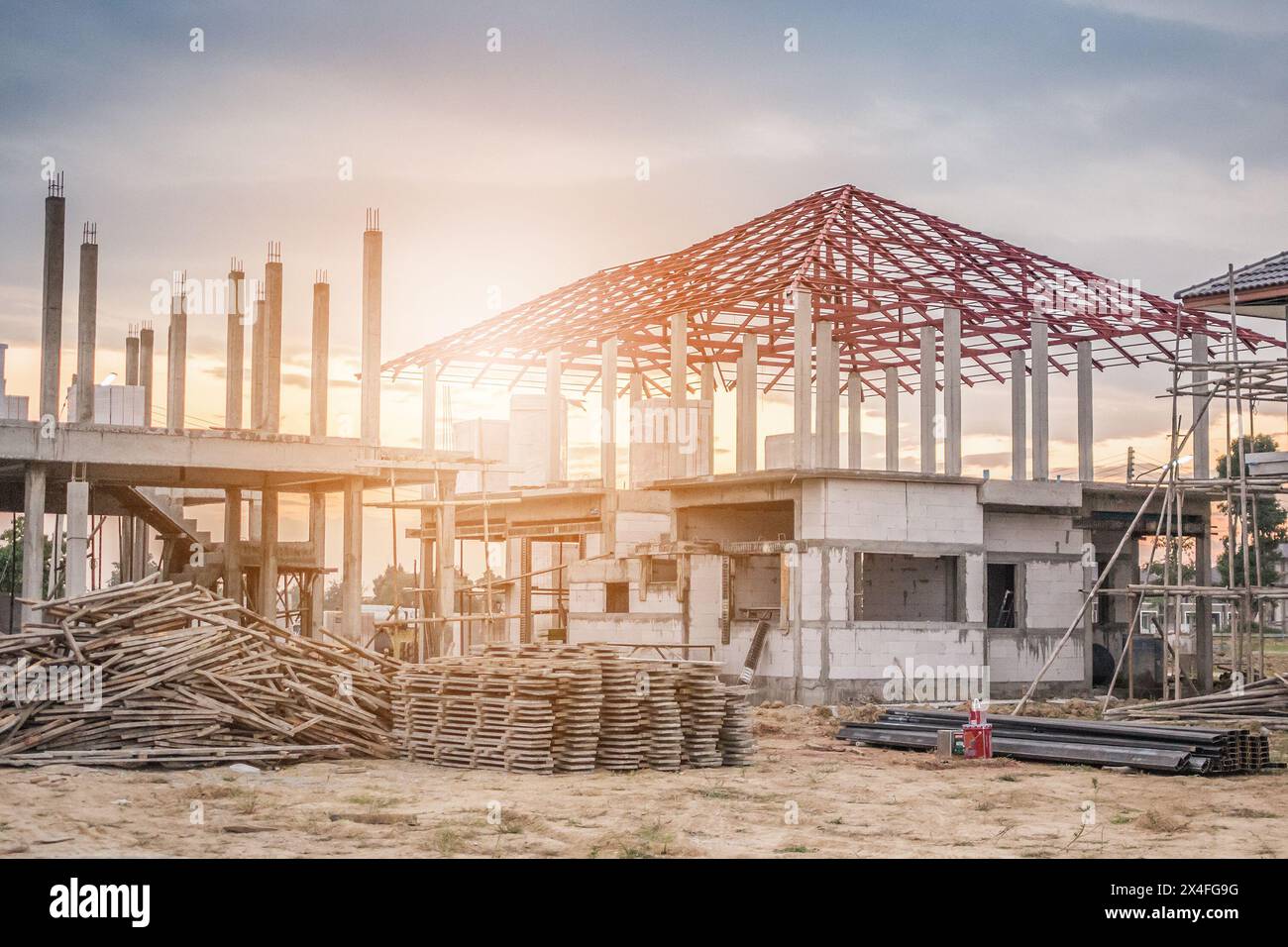 construction residential new house in progress at building site Stock ...