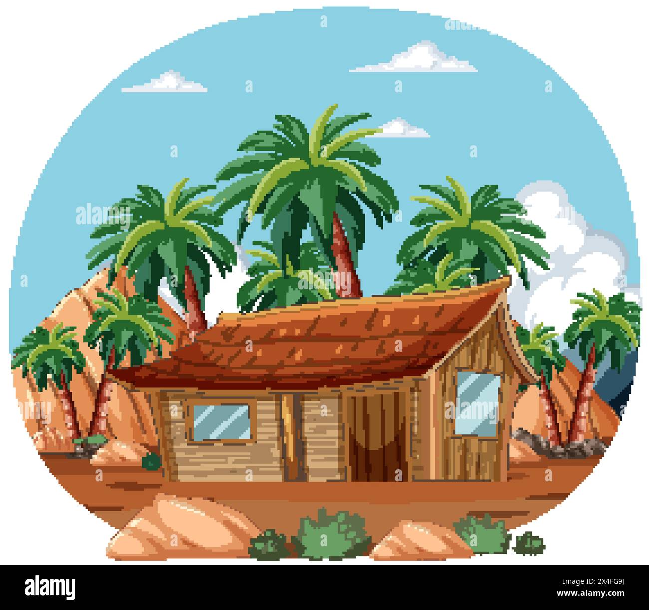 Wooden hut among palm trees in a desert oasis Stock Vector Image & Art - Alamy