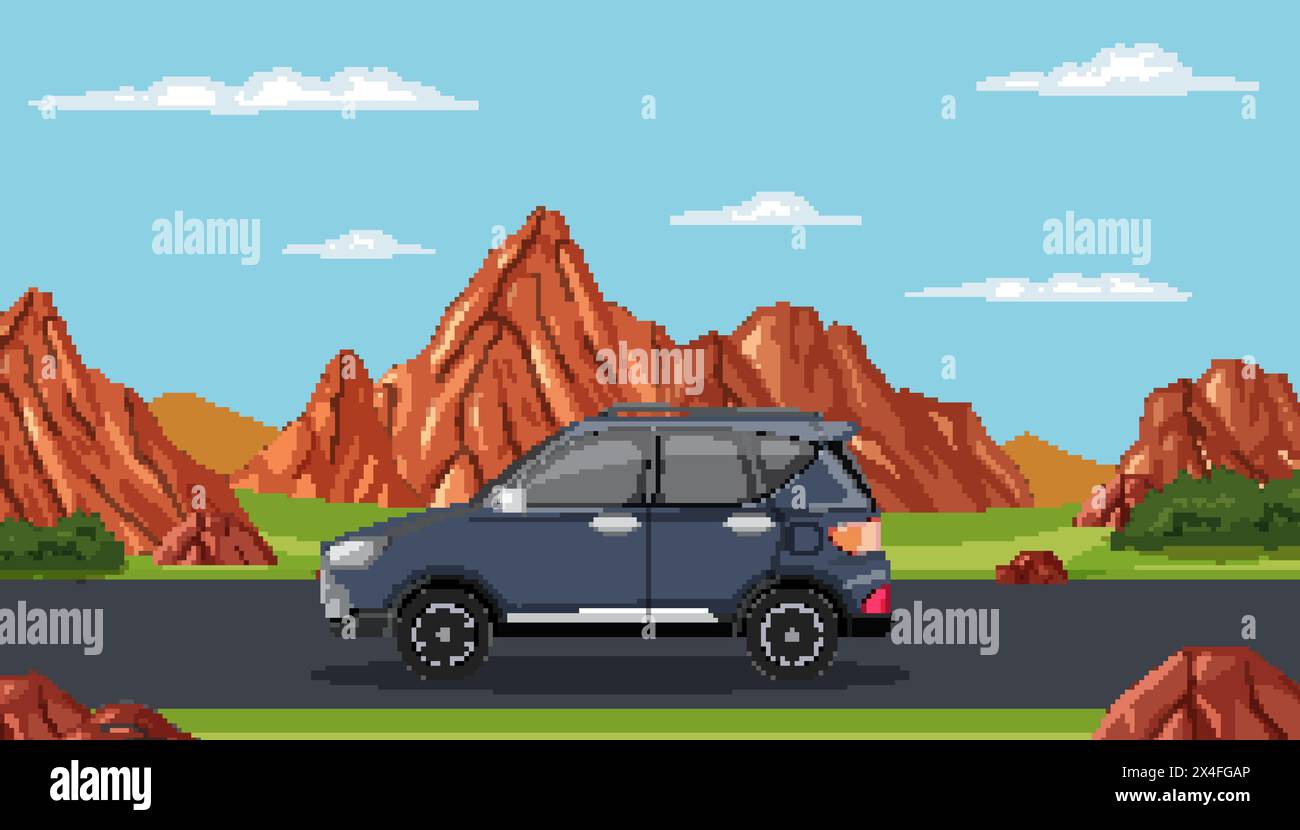 Blue car driving on road with mountain backdrop Stock Vector Image ...