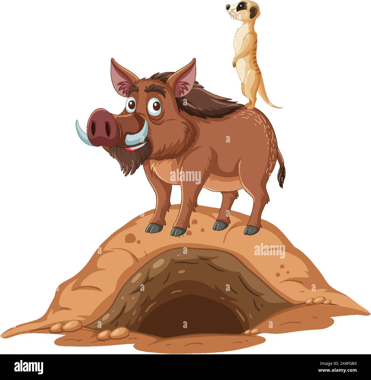Cartoon meerkat and warthog standing on a dirt mound Stock Vector Image ...