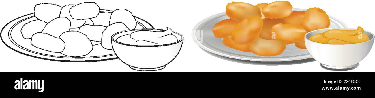 Plates of snacks with dipping sauces, vector art Stock Vector Image ...