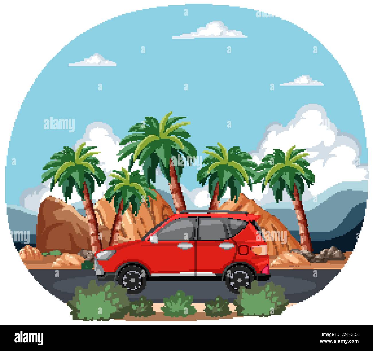 Red car parked in a desert with palm trees Stock Vector Image & Art - Alamy
