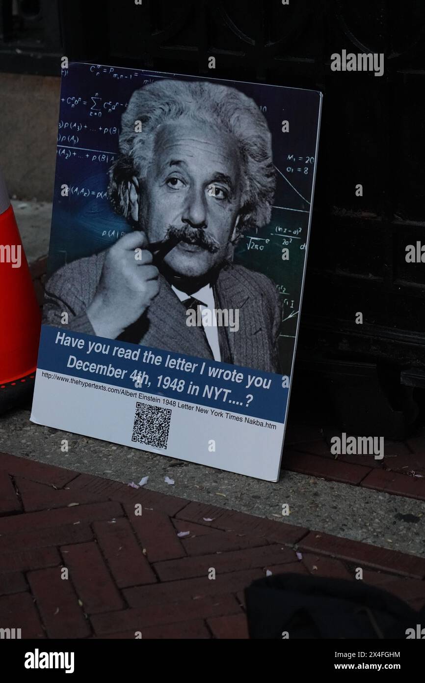 New York, USA. 28th Apr, 2024. Alfred Einstein sign for Pro Palestinian ...