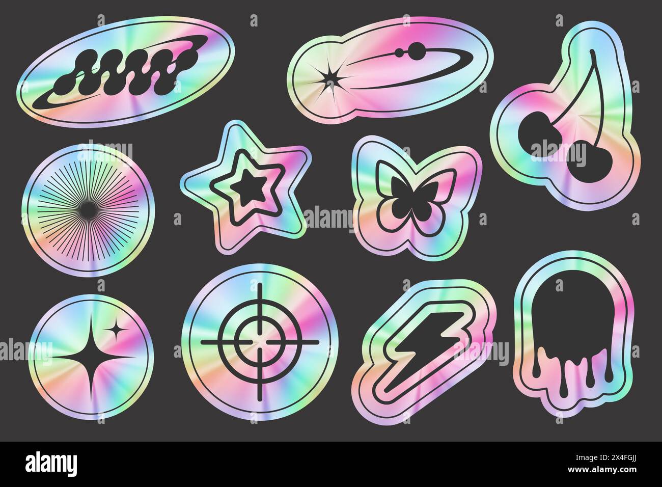 Y2k holographic stickers with realistic gradient texture. Retro foil ...