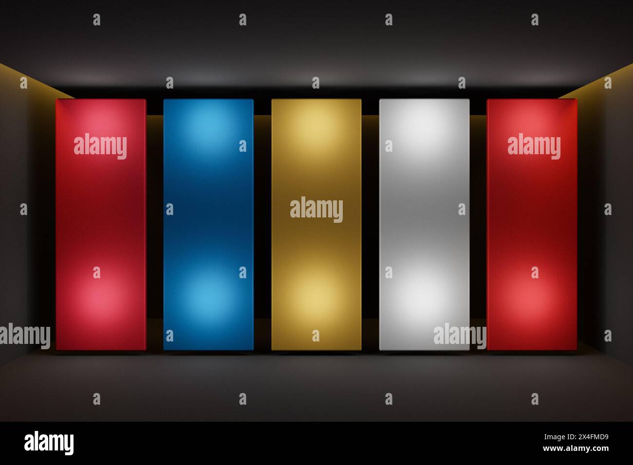 3D illustration of a layout of multi-colored screens in a black room ...