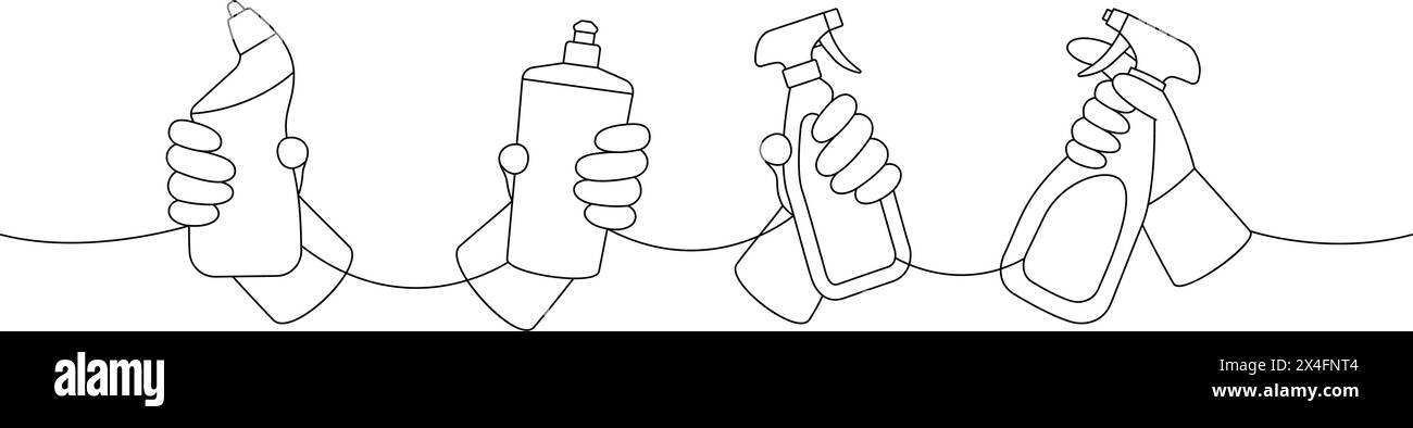 Hands with toilet cleaners one line continuous drawing. Cleaning ...