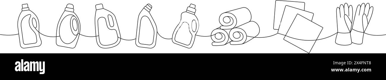 Cleaning set one line continuous drawing. Toilet cleaners, towels, rags ...