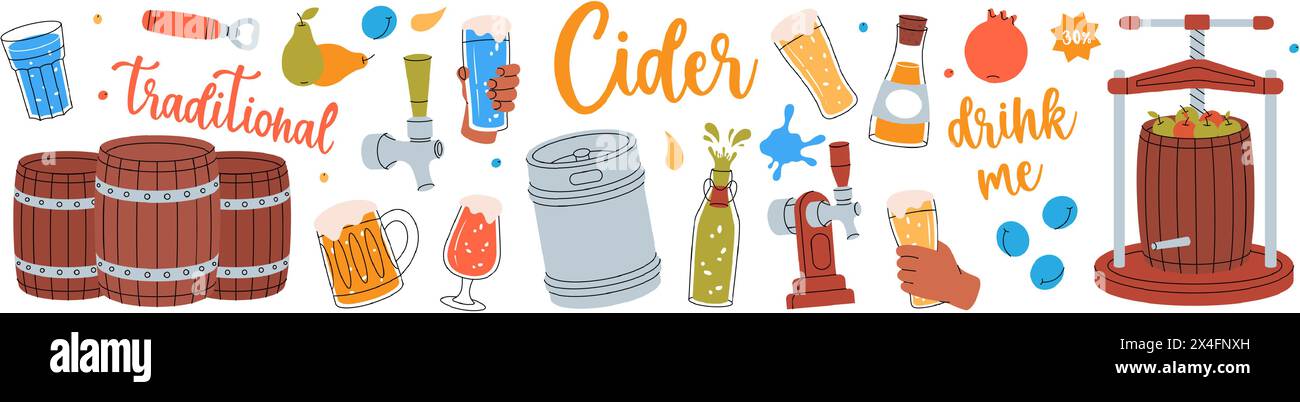 Fruit cider set. Hand drawn craft fruit beer collection. Harvest of ...