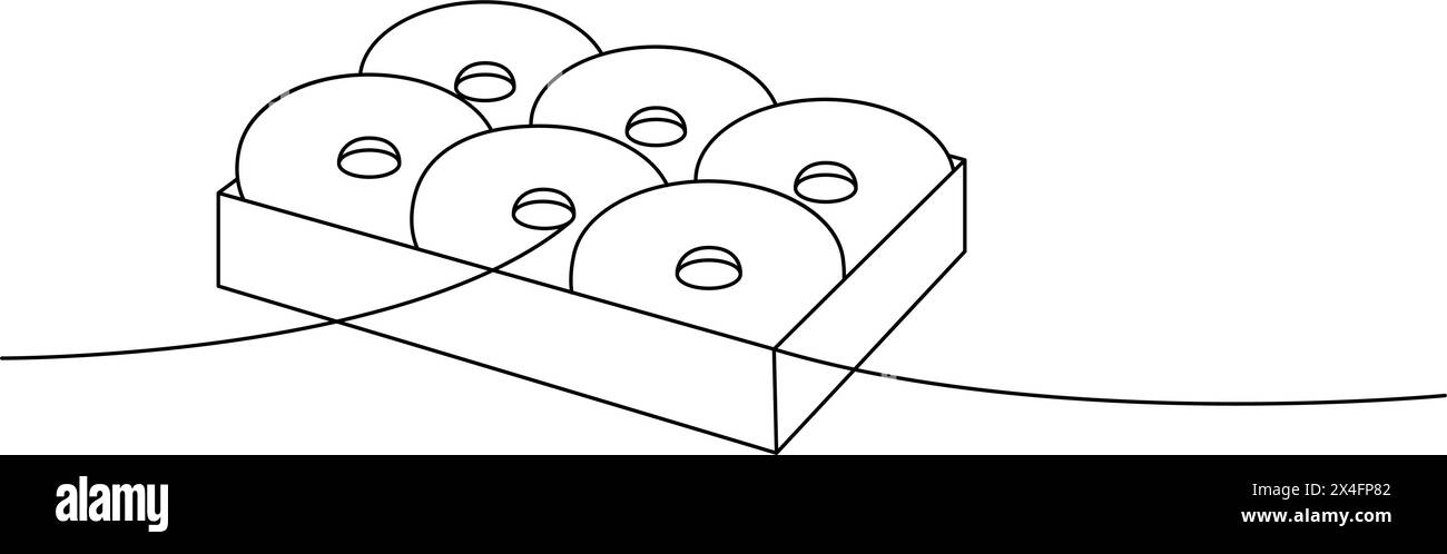 Donuts in open box one line continuous drawing. Bakery sweet pastry ...