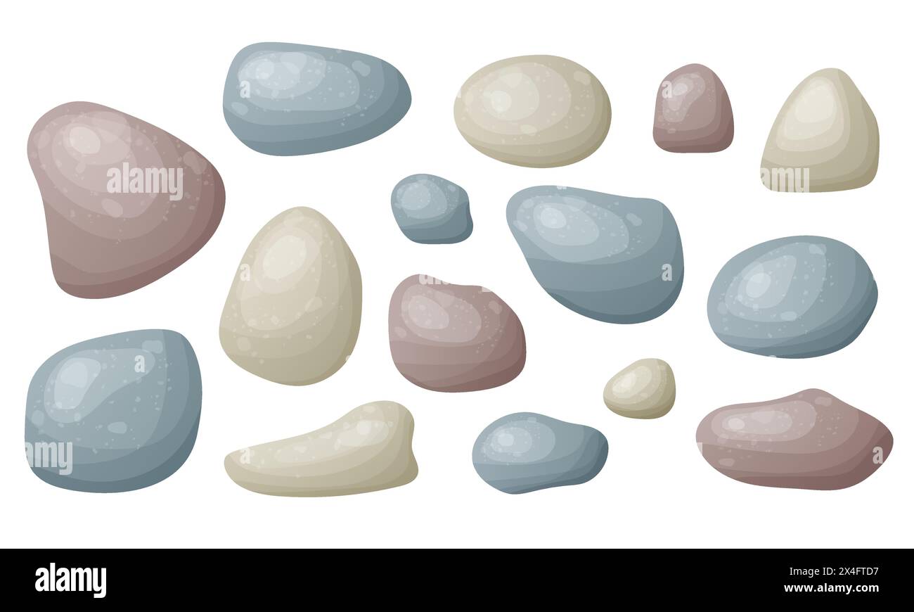 Beach pebble stone set. Hand drawn smooth stone of different shape ...