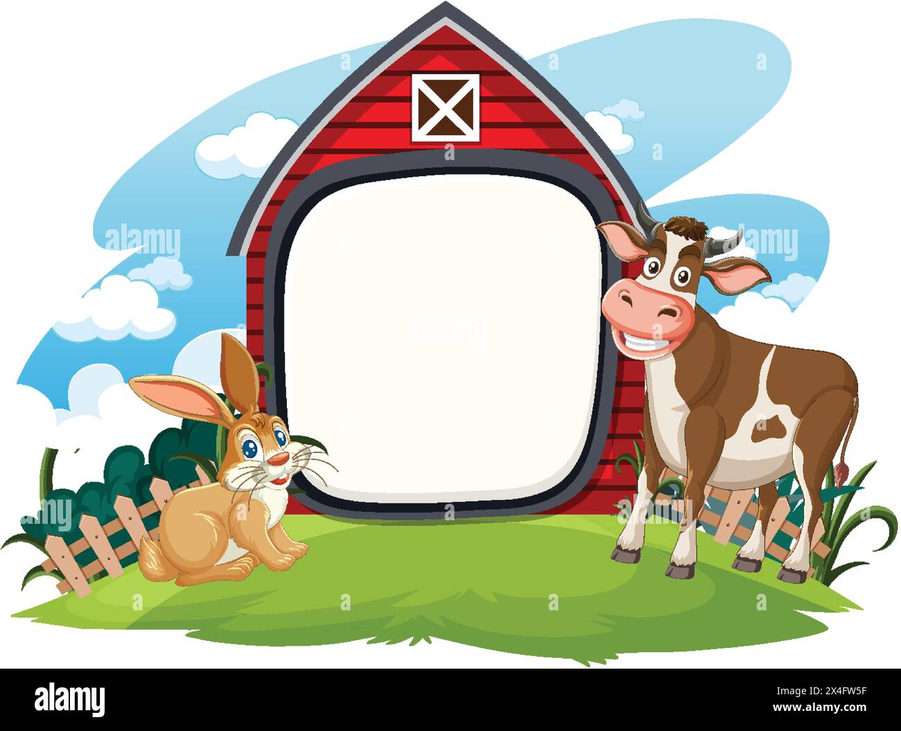Cartoon cow and rabbit beside a barn frame Stock Vector Image & Art - Alamy