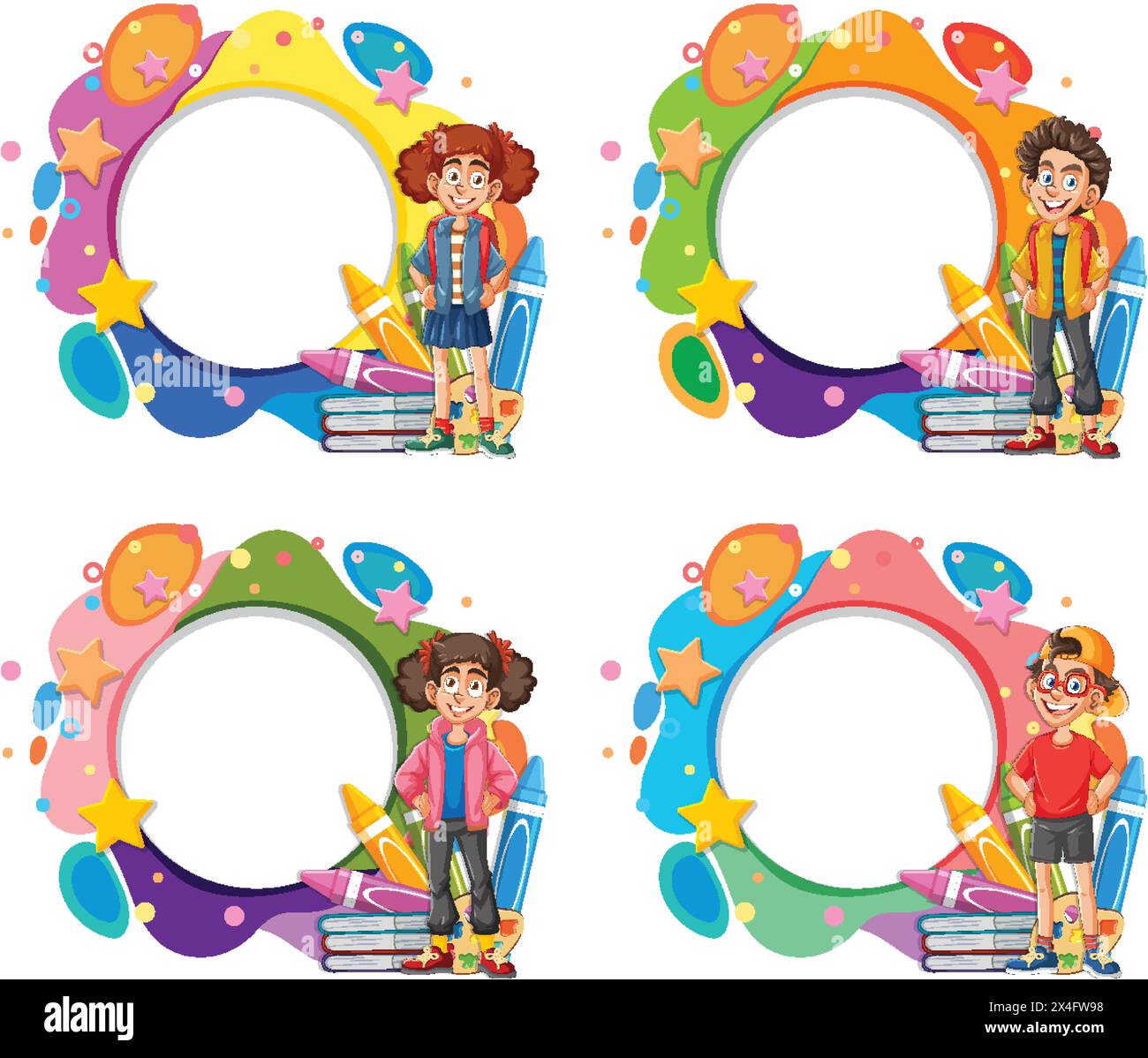 Four vibrant frames featuring a cheerful student Stock Vector Image ...