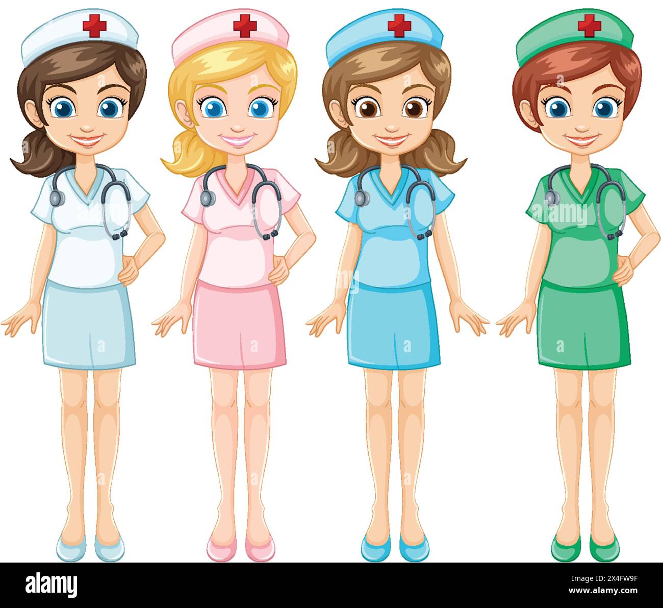 Four cartoon nurses in various colorful uniforms Stock Vector Image ...