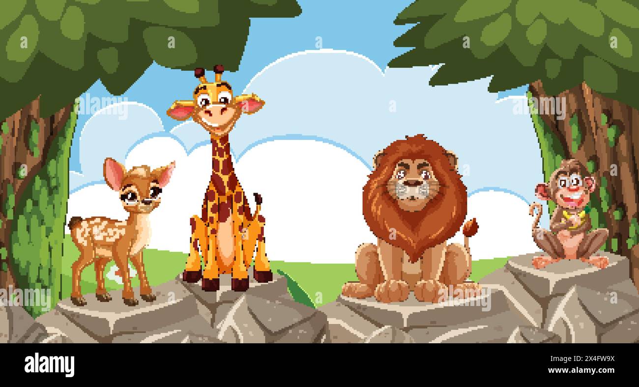 Cartoon animals in a vibrant jungle setting Stock Vector Image & Art ...