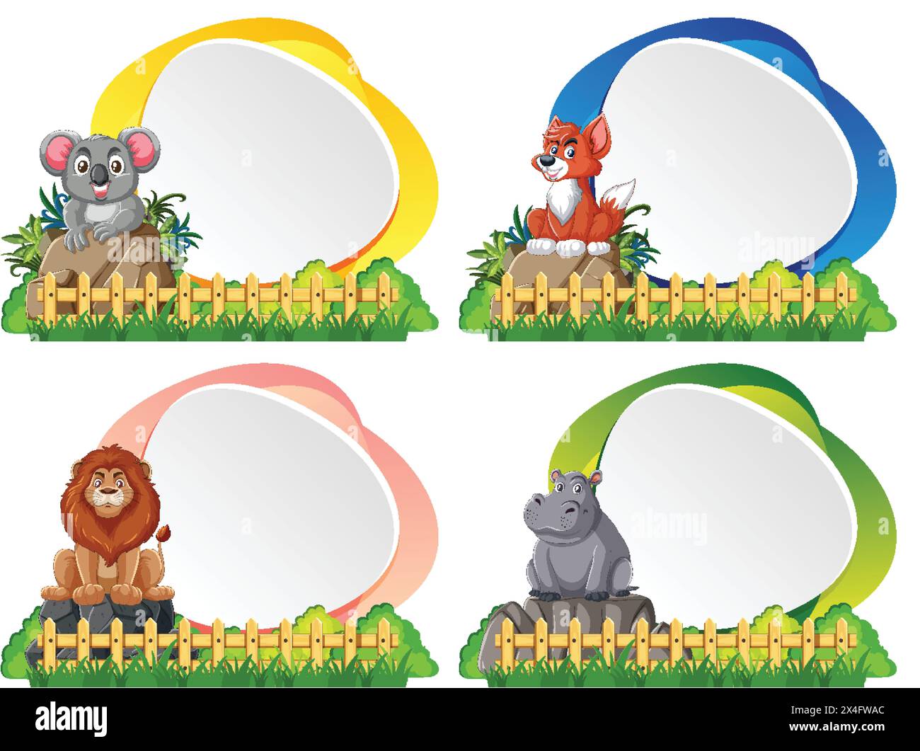 Four cartoon animals with colorful speech bubbles Stock Vector Image ...