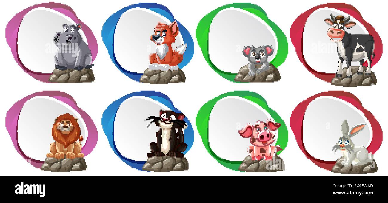 Eight cartoon animals depicted in vibrant circles Stock Vector Image ...