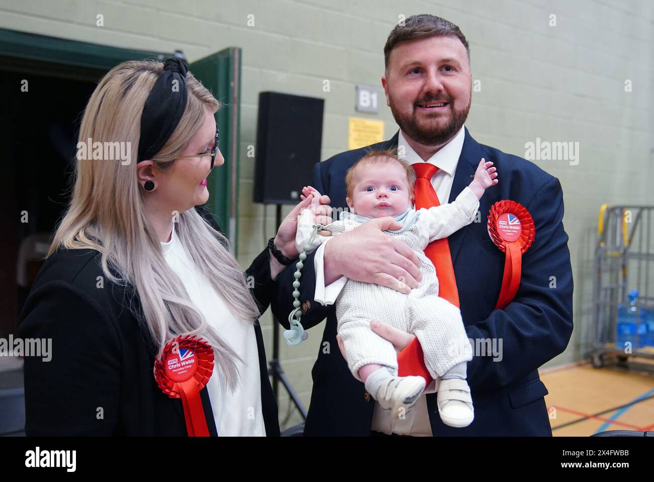 Labour candidate Chris Webb celebrates with his wife Portia and baby ...