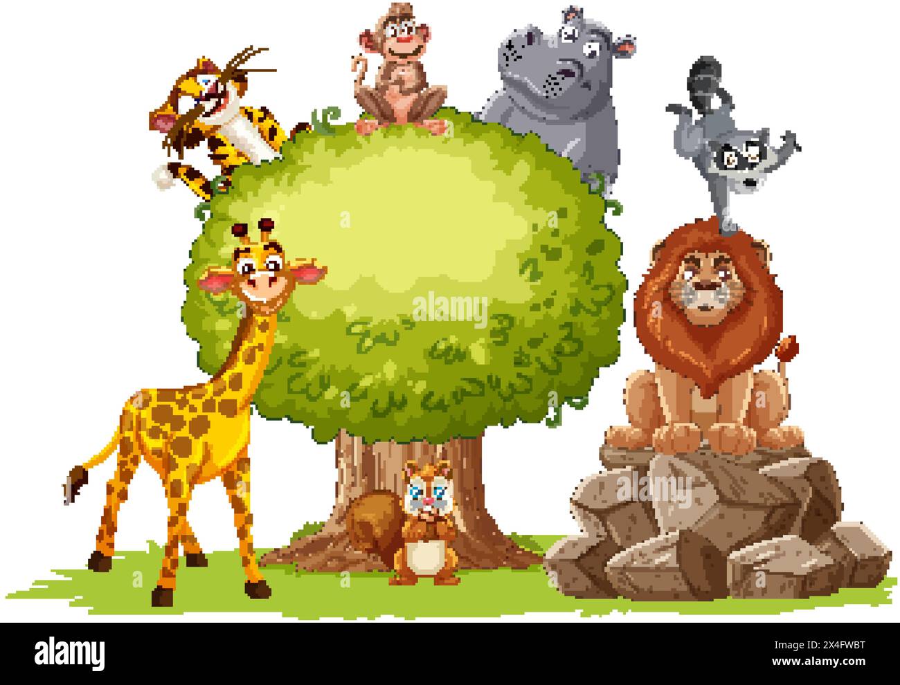 Colorful animals grouped around a lush green tree Stock Vector Image ...
