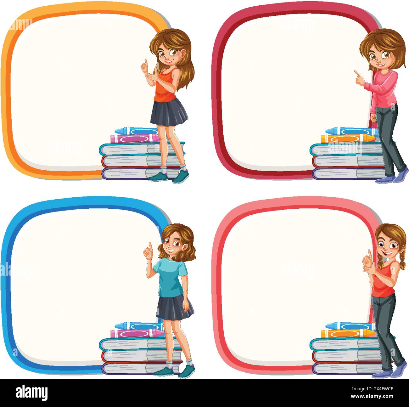 Four cheerful children with books presenting in frames Stock Vector ...