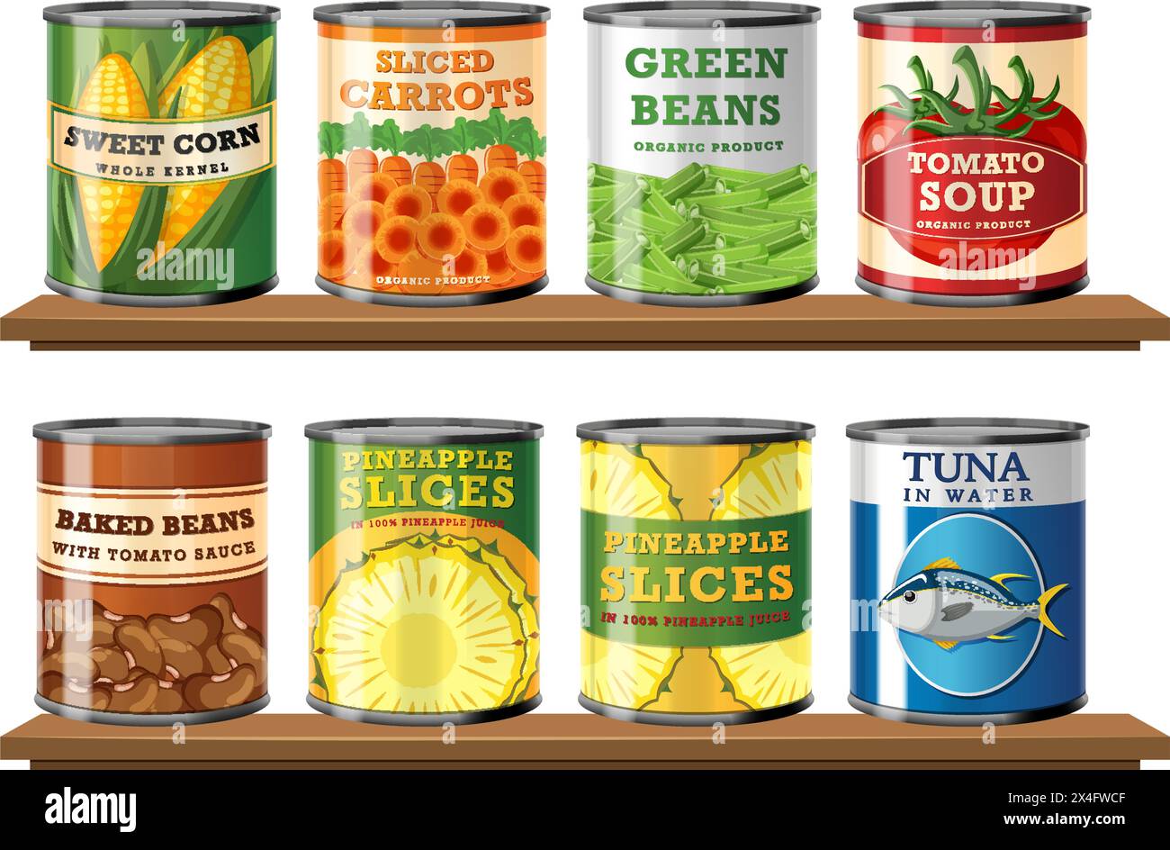 Colorful canned goods including vegetables and fish Stock Vector Image ...
