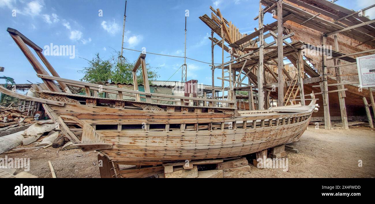 View of the giant traditional dhow Al Ghanja in the shipbuilding ...