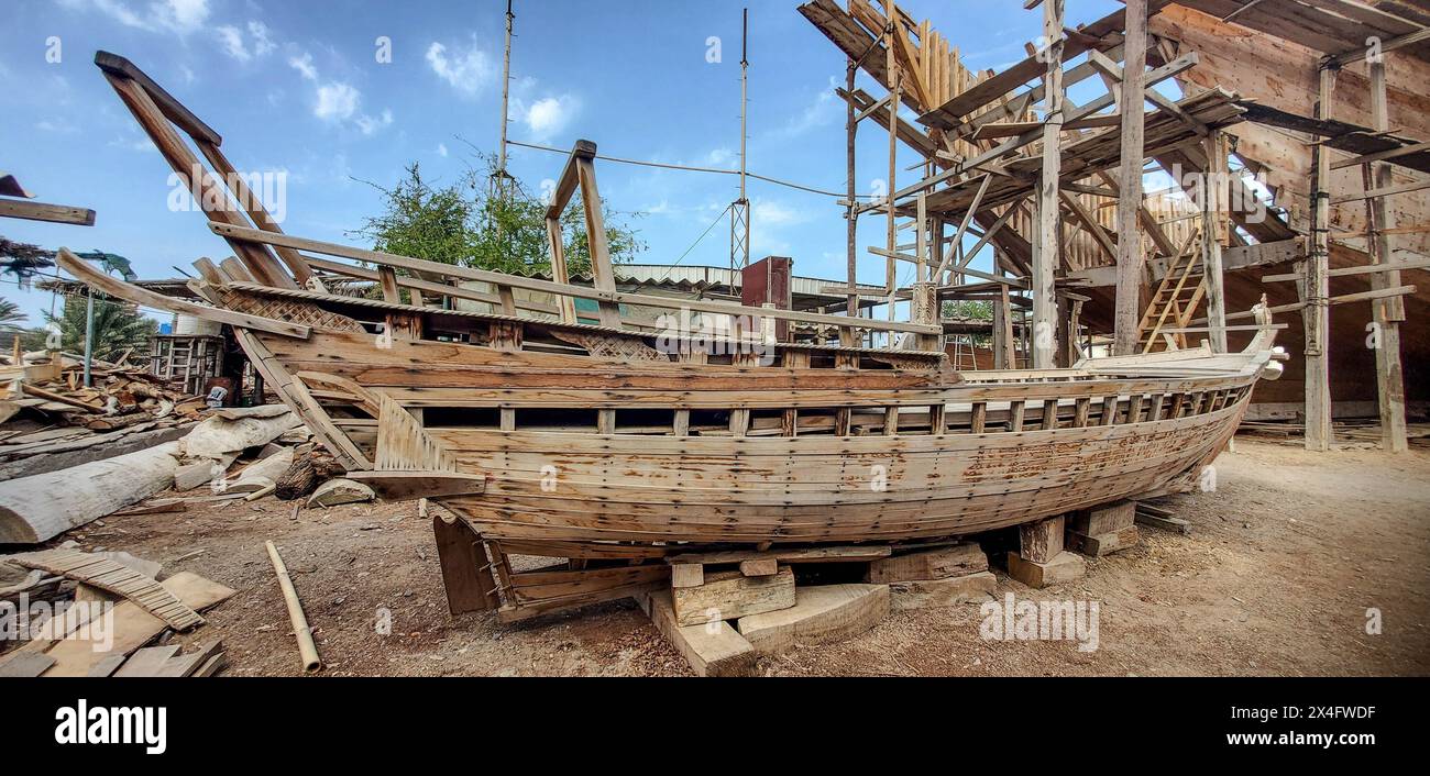 View of the giant traditional dhow Al Ghanja in the shipbuilding ...