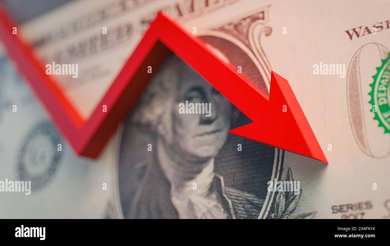 Concept of a red arrow falling against the background of dollar bills ...