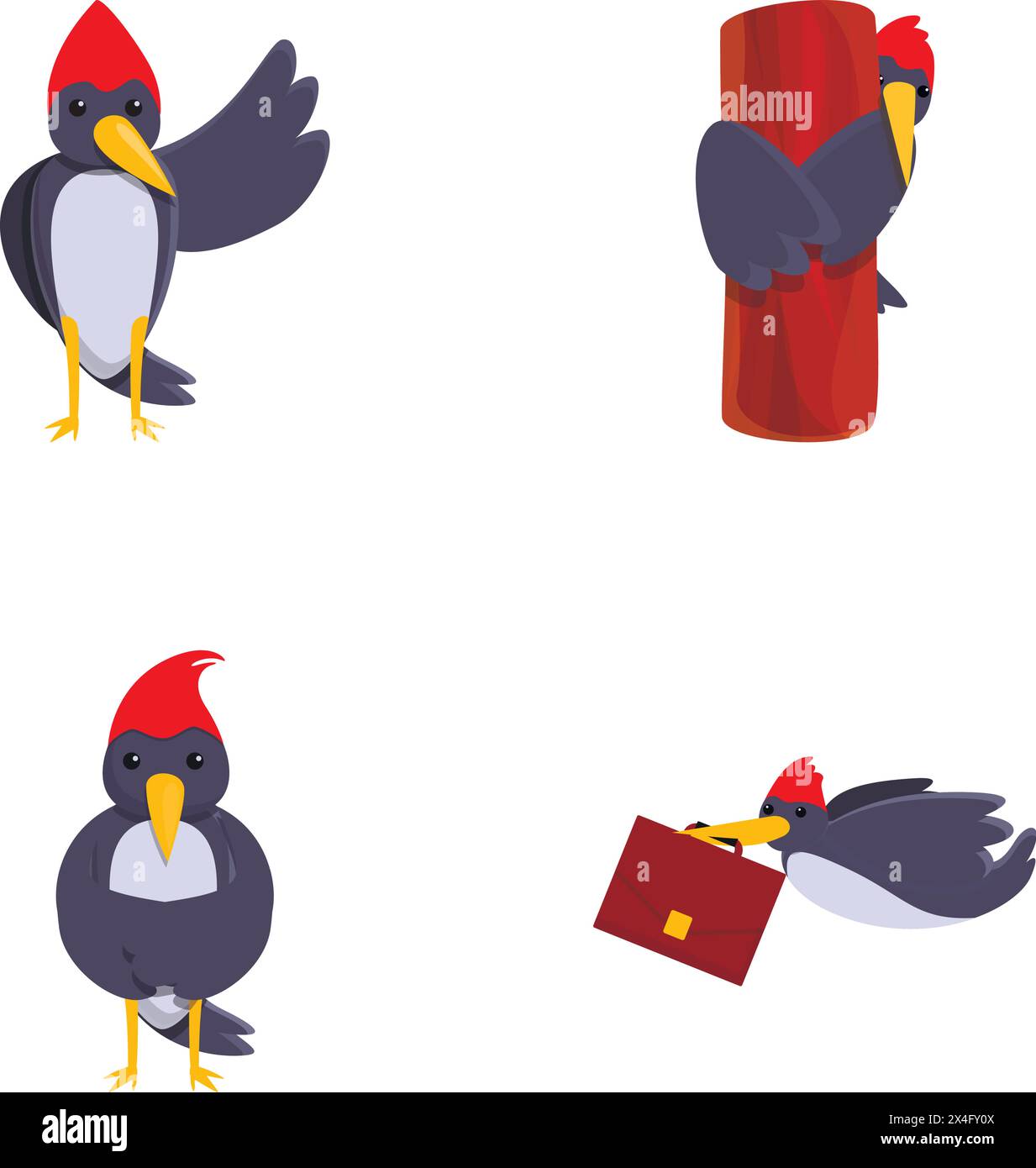 Woodpecker icons set cartoon vector. Funny bright woodpecker bird ...