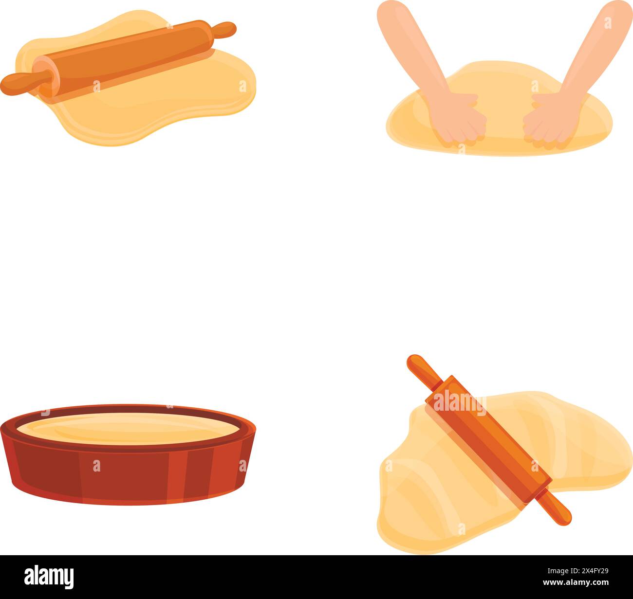 Baking process icons set cartoon vector. Kneading and rolling out dough. Pastries, bakery ...