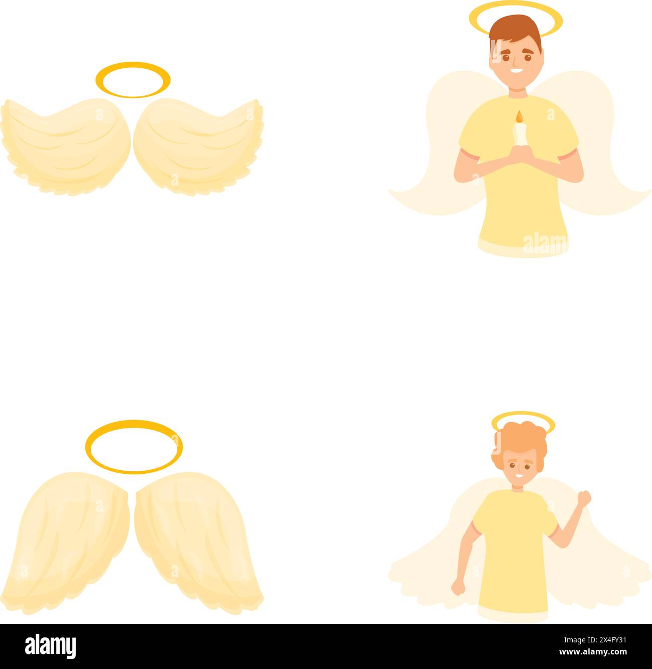 Angel character icons set cartoon vector. Young guy with wing and halo ...
