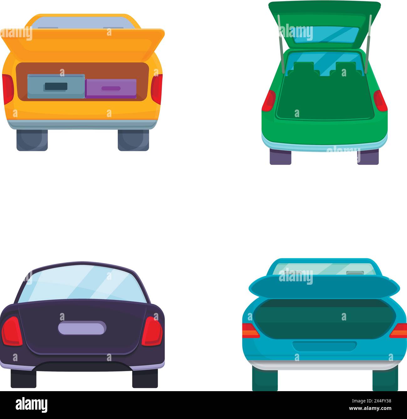 Car trunk icons set cartoon vector. Minivan with open trunk. Back view ...