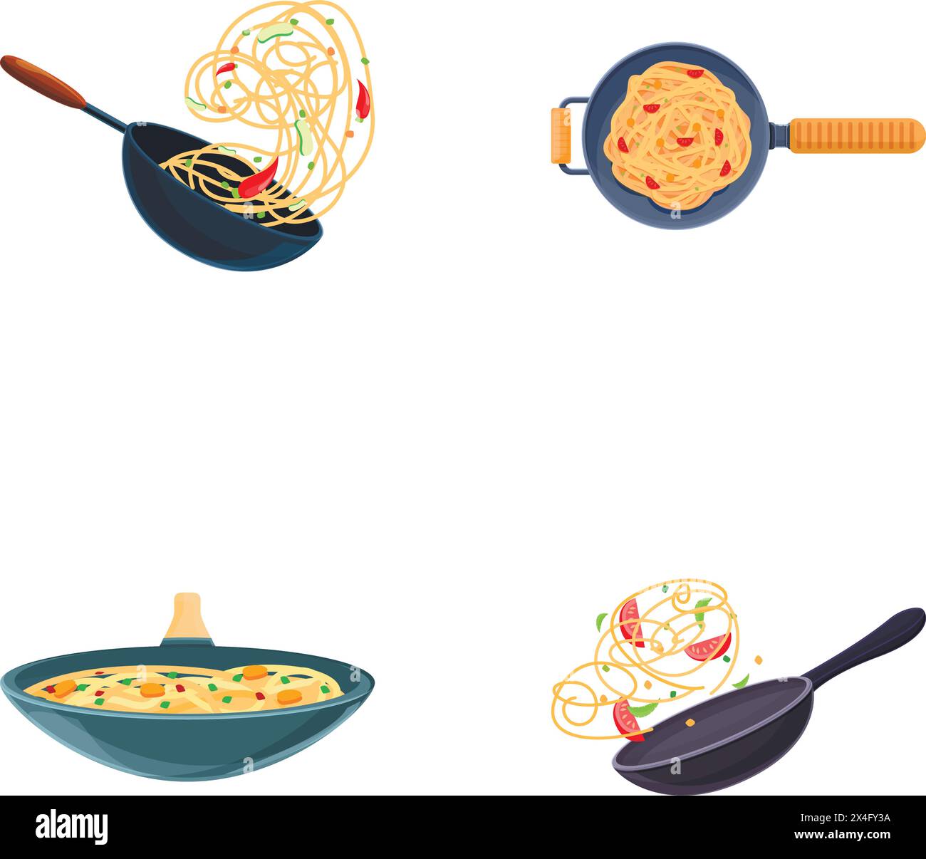 Cookery icons set cartoon vector. Various tasty dishes cooked in frying ...