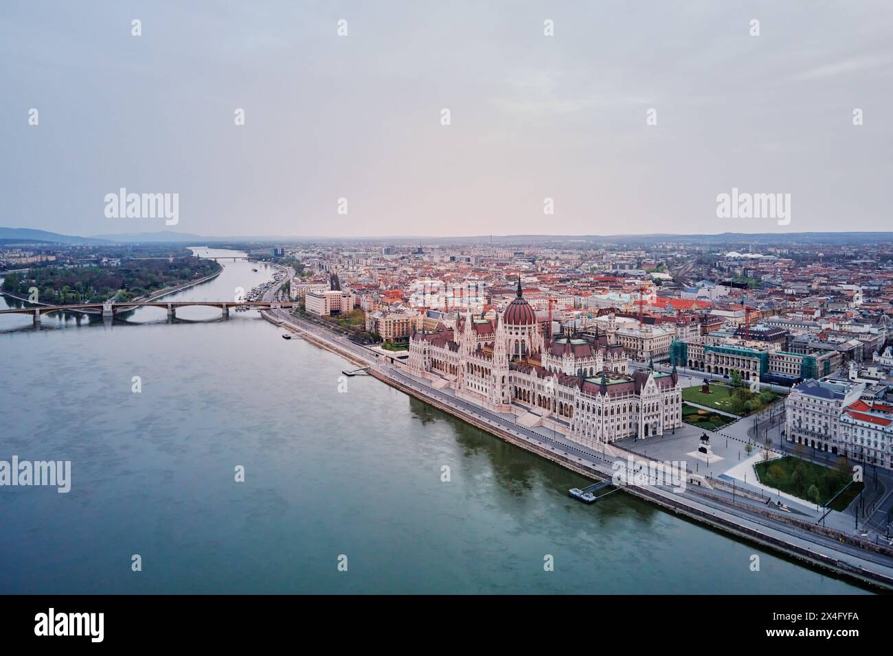 Panoramic view on skyline of Budapest along Danube River. Aerial view ...
