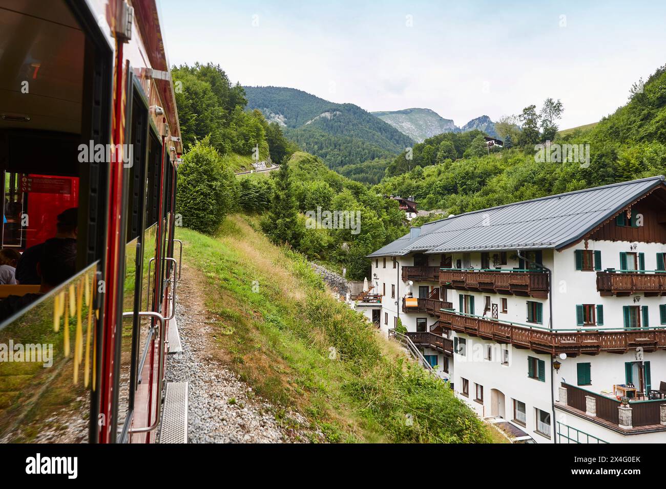 Schafberg railway and wagon. Picturesque mountain train in ...