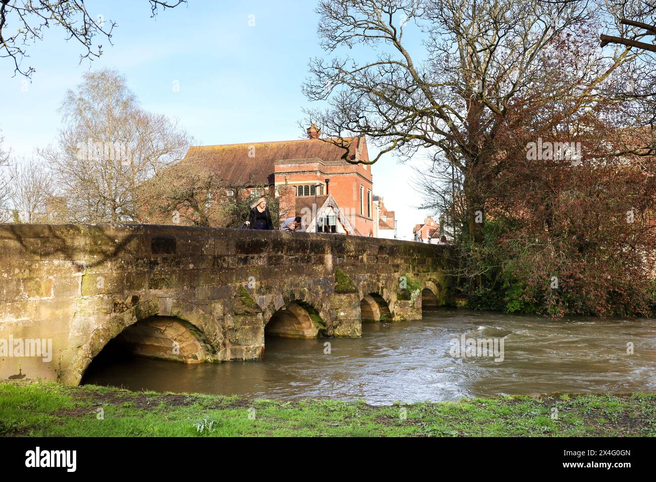 Salisbury, England- March 29, 2024: The Crane bridge and The Avon River ...