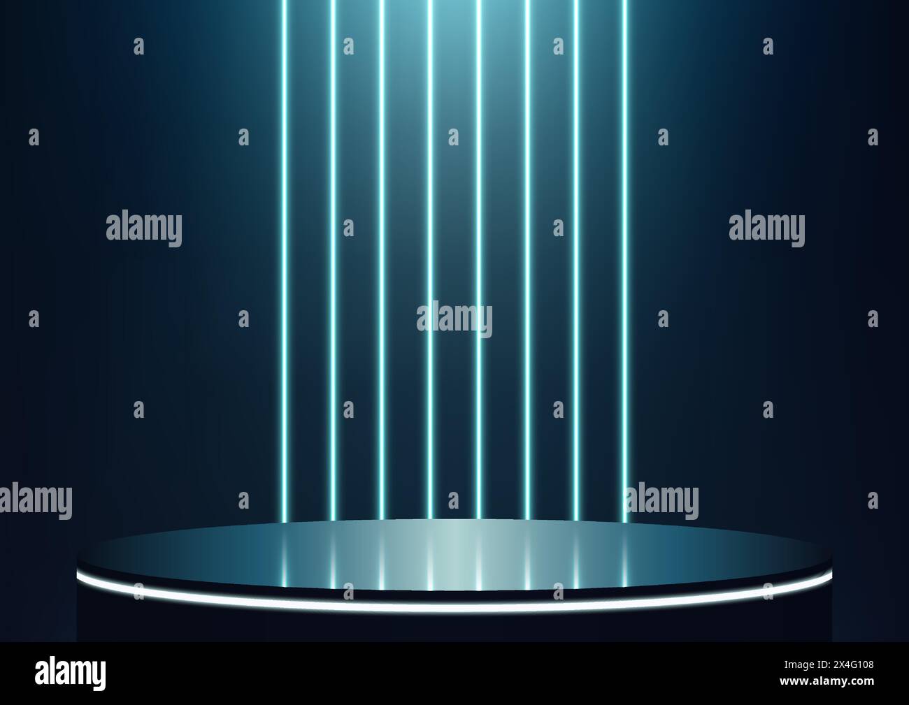 3D realistic blue color podium with laser neon light on dark blue wall ...