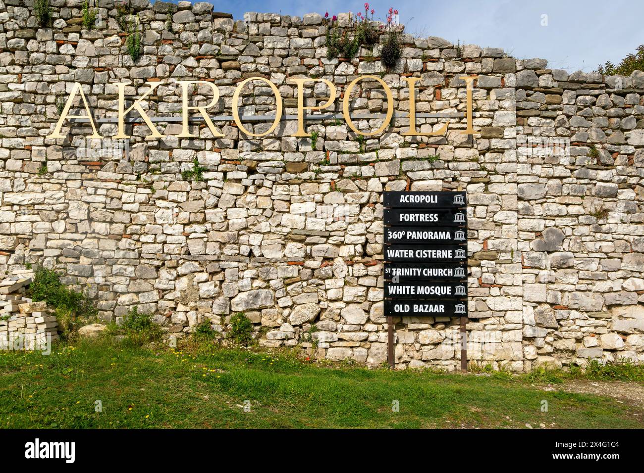 Acropolis sign in citadel area of Berat Castle, Berat, Albania, Europe ...