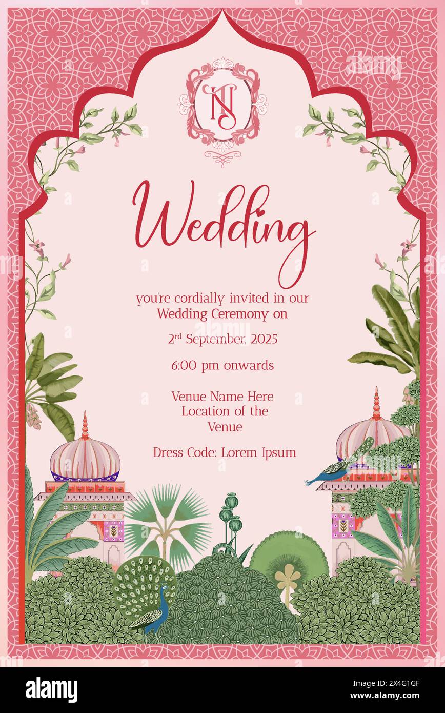 Traditional Indian Mughal Wedding Day Invitation Card Design with arch ...