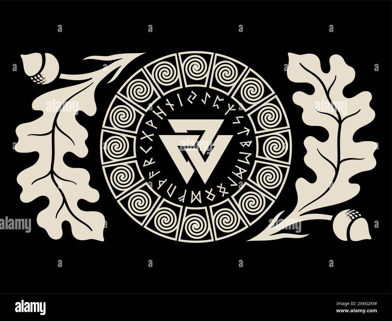 Viking design. Round Celtic Scandinavian pattern, with oak leaves and a ...