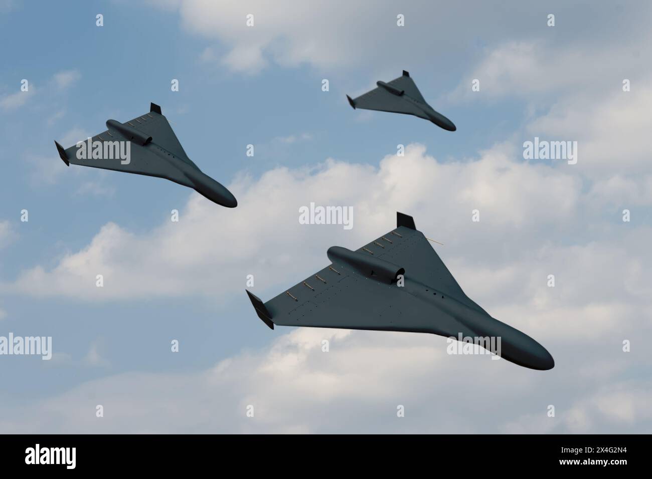 group attack of black drones of modern suicide bombers flying against ...