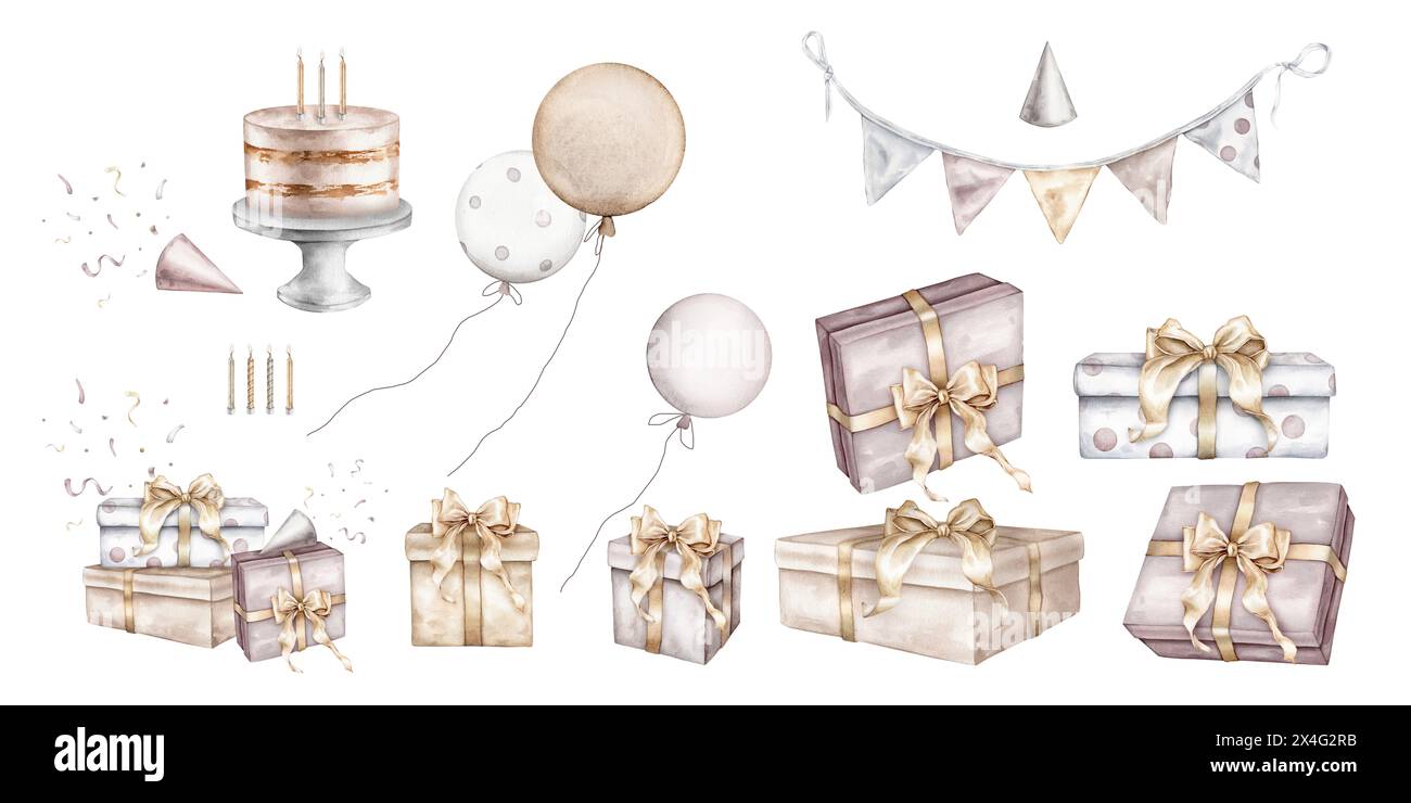 Watercolor set of Happy Birthday . Hand drawn collection with gift ...