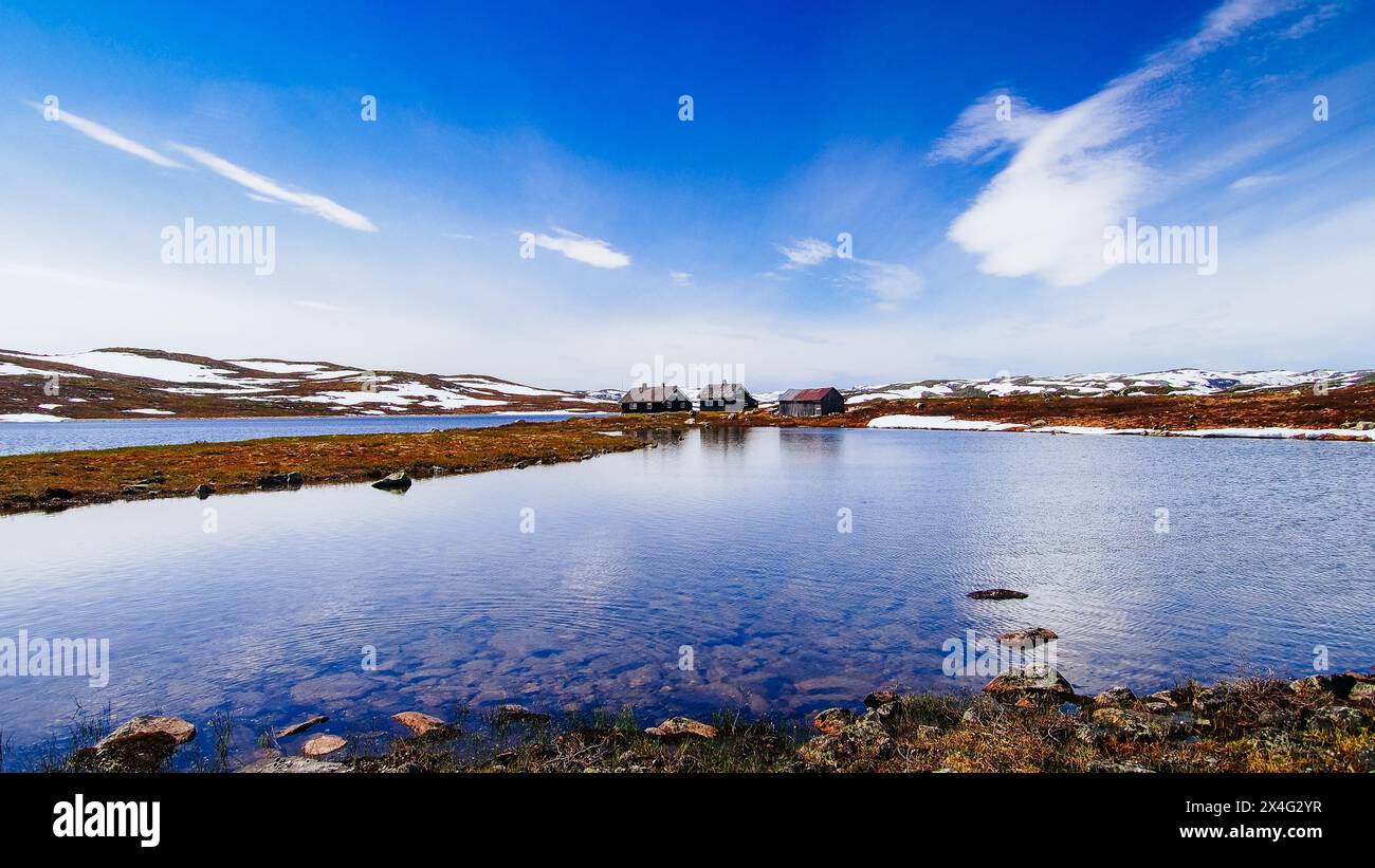 Old wooden houses stand alone isolated in the field surrounded by blue ...