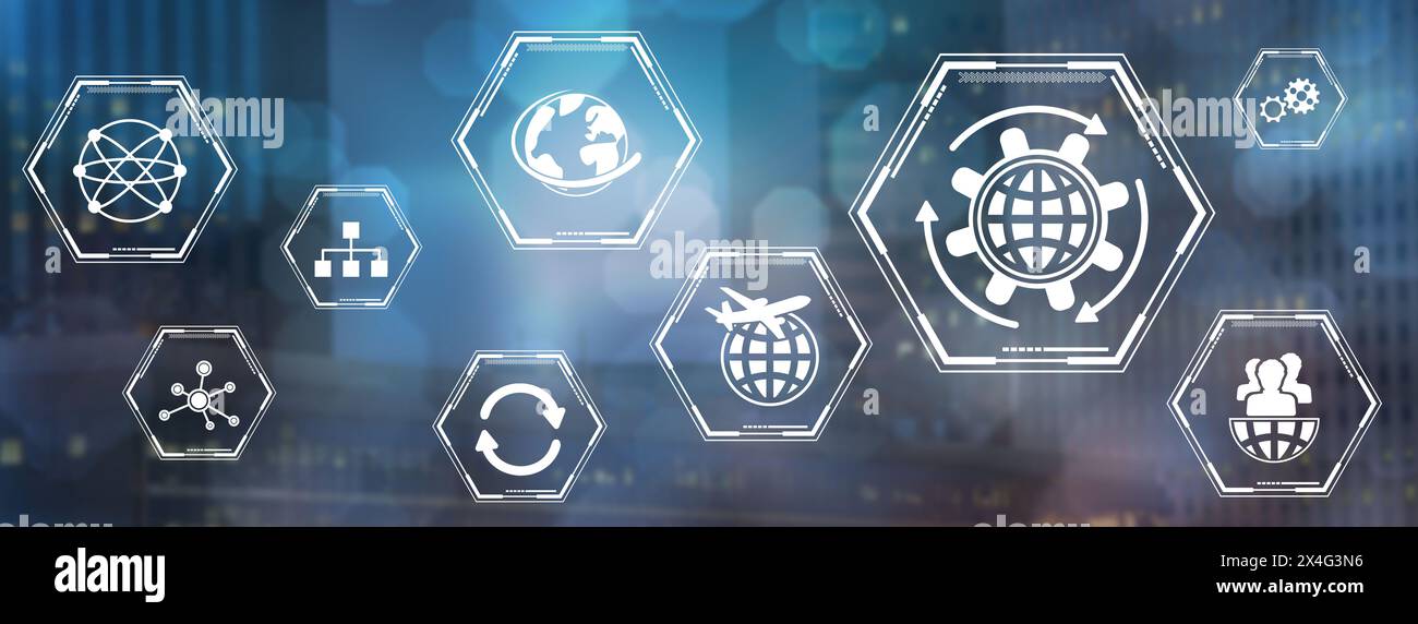 Concept of globalization with icons on blurred dark background Stock ...