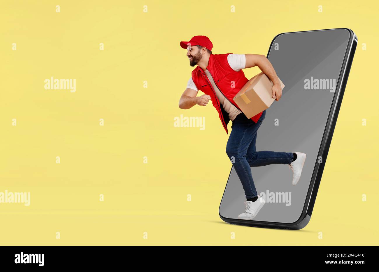 Courier with parcel running out from huge smartphone on light yellow ...