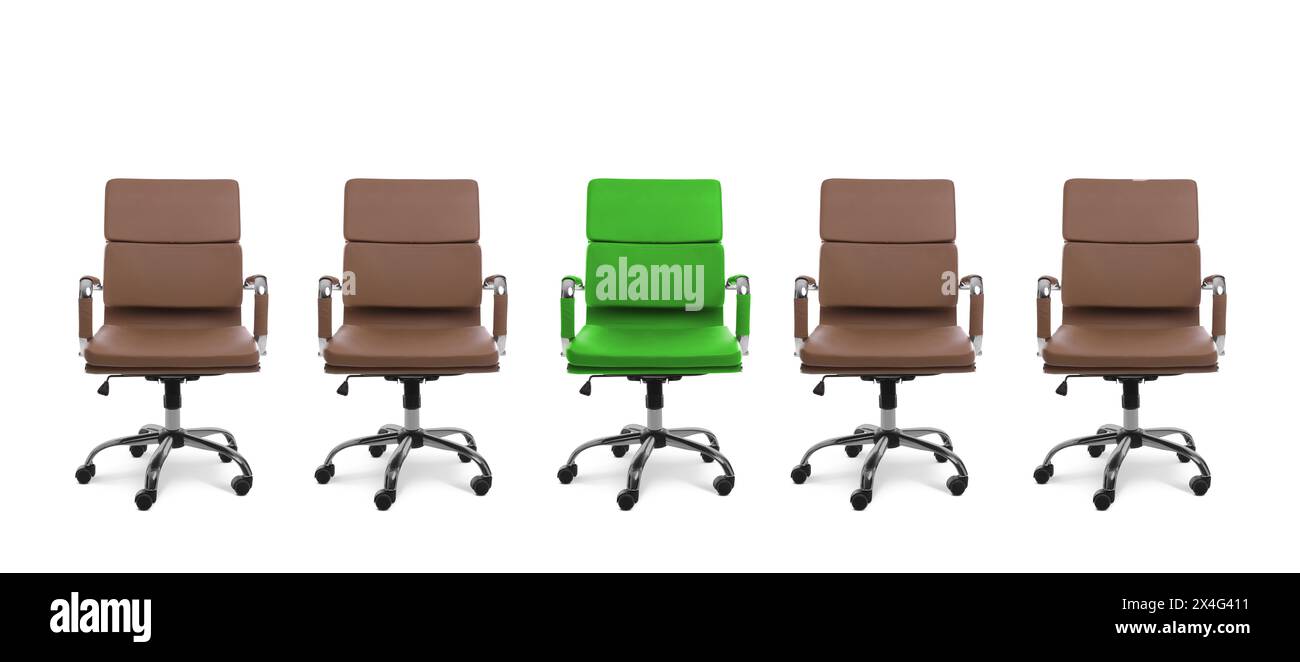 Vacant position. Green office chair among brown ones on white ...