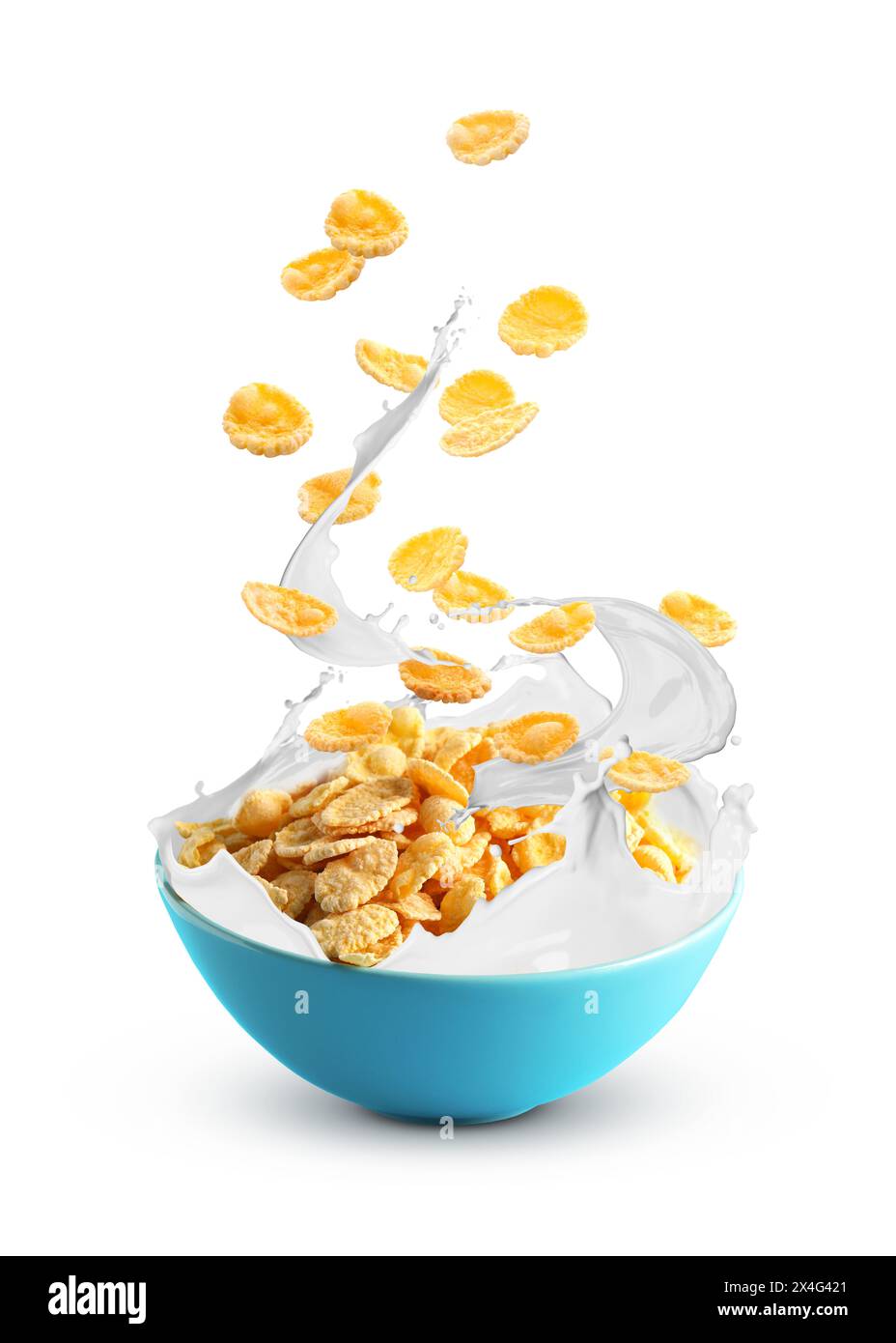 Tasty corn flakes with milk splashing out of bowl isolated on white ...