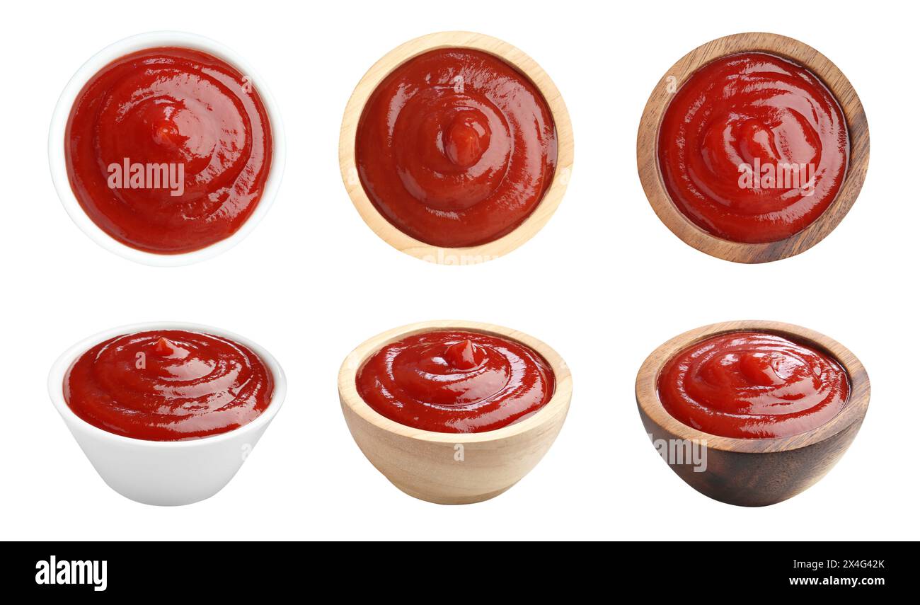 Collage of tasty ketchup in different bowls isolated on white, top and ...