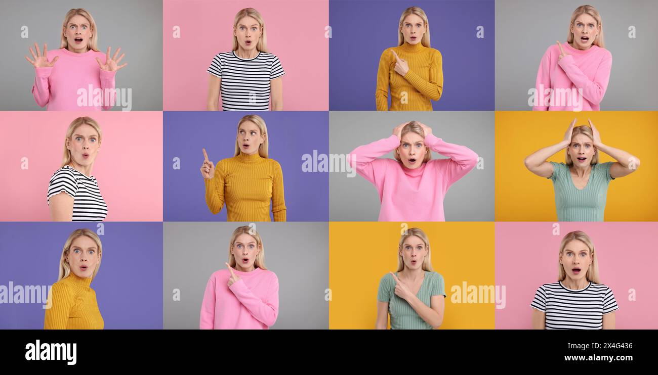 Collage with photos of surprised woman on different color backgrounds Stock Photo - Alamy