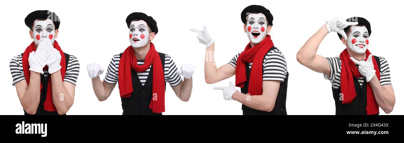 Funny mime posing on white background, set of photos Stock Photo - Alamy